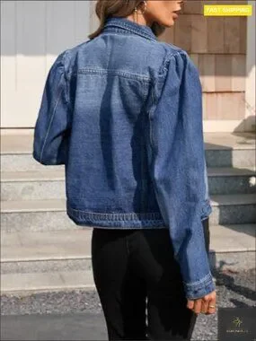 Jackets & Coats | Cropped Puff Sleeve Denim Jacket Button Down Trendy ...